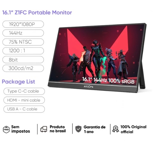 Monitor externo portátil ARZOPA 16.1 polegadas, 100% sRGB, 144Hz, Tipo ...